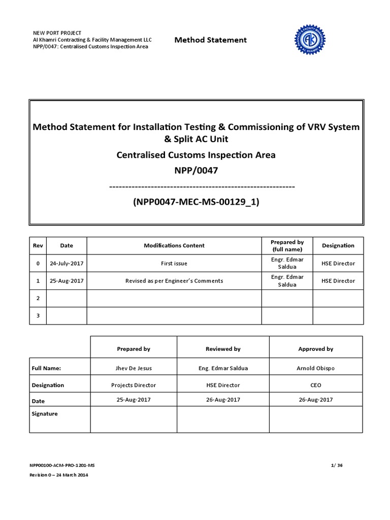 Method Statement For Installation Testing Commissioning Of Vrf Split