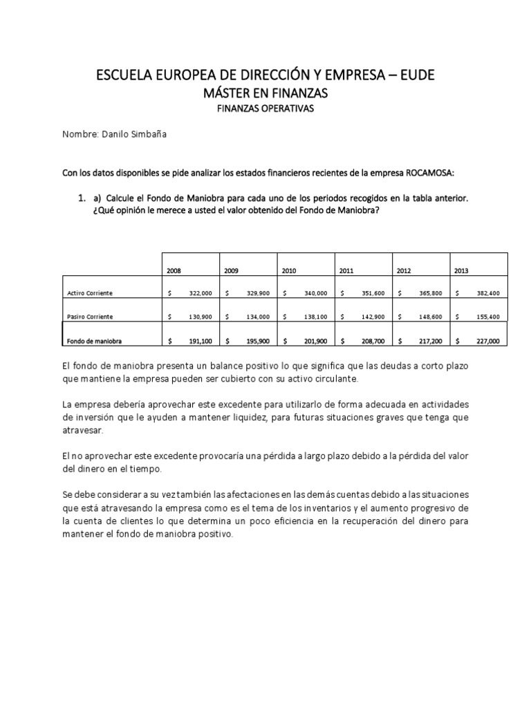 Caso Práctico Finanzas Operativas | PDF | Capital de trabajo | Liquidez ...