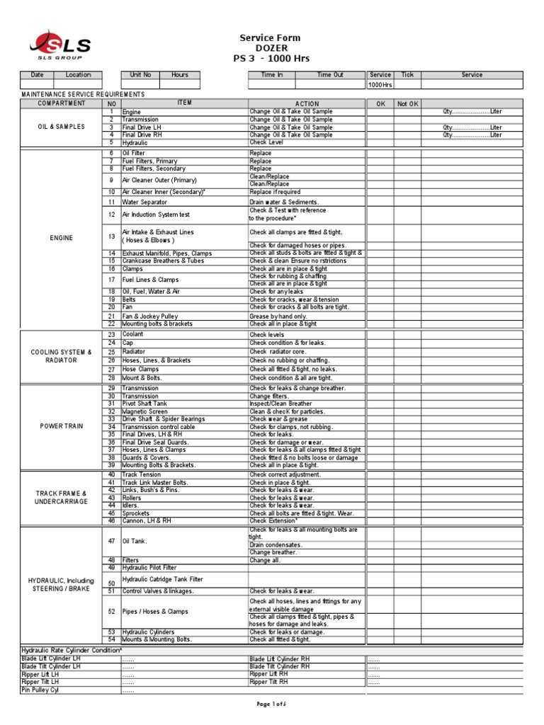Dozer Maintenance Checklist 1000 Hours | PDF | Manufactured Goods ...