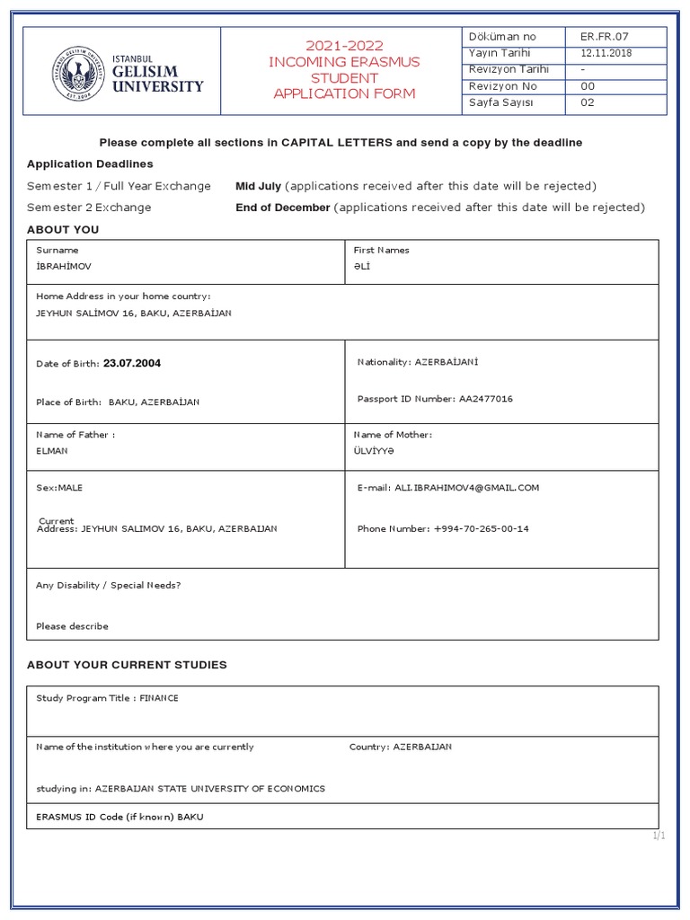 IGU - Incoming Erasmus Students Application Form - Doc 1 | PDF