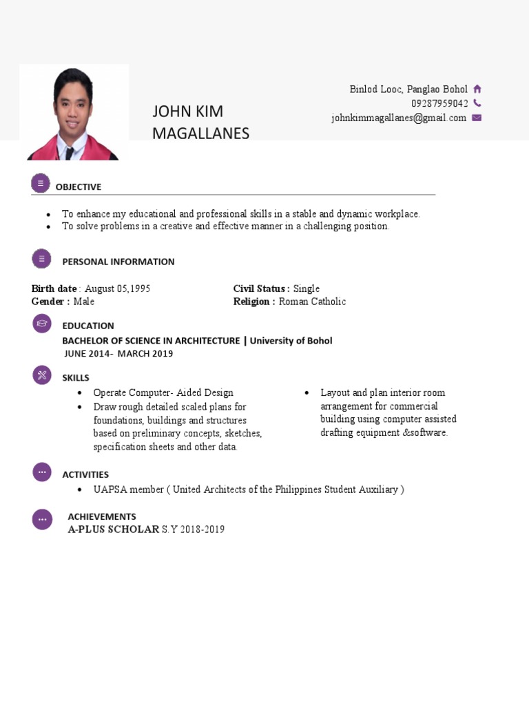 John Kim Magallanes' Resume: Seeking an Entry-Level Position in Architecture to Develop Skills ...