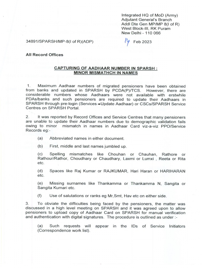 Capturing of Aadhar Number in SPARSH | PDF | Identity Document | Government