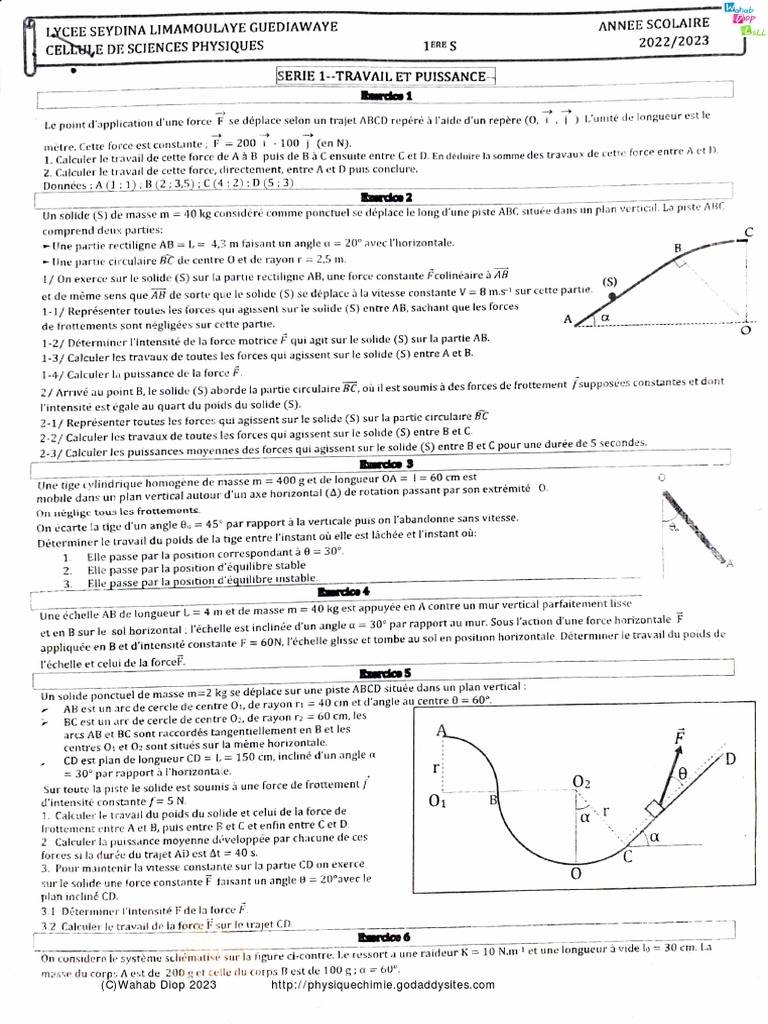Travail et puissance en physique 1ère S | PDF | Obliger | Masse