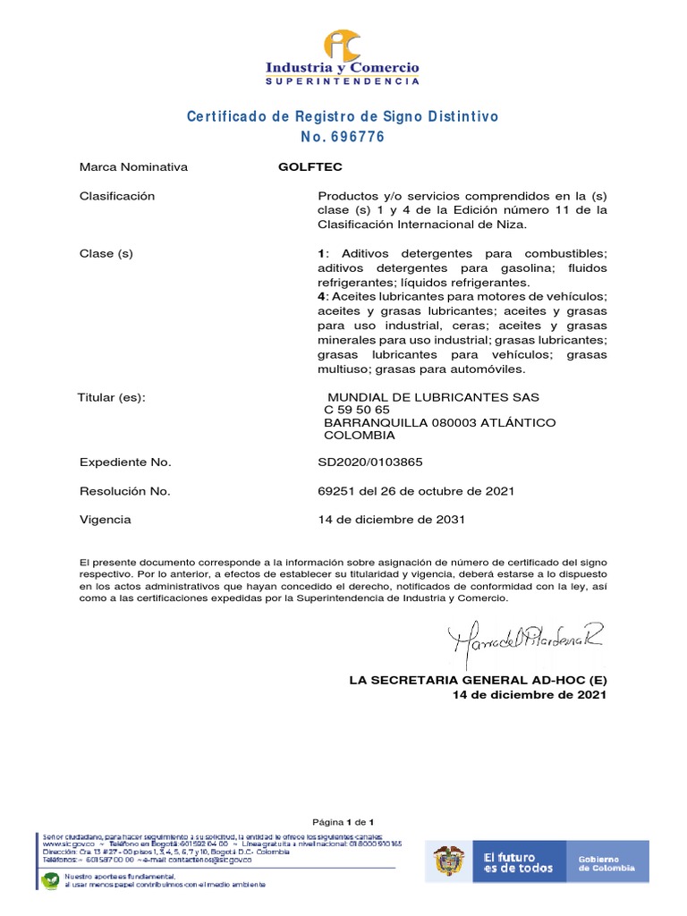 TM307 - Certificado Signos Distintivos | PDF