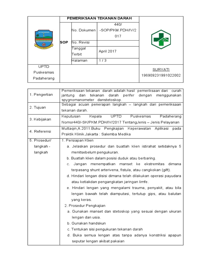 Sop Pemeriksaan Tekanan Darah | PDF | Pengembangan Diri | Sains & Matematika