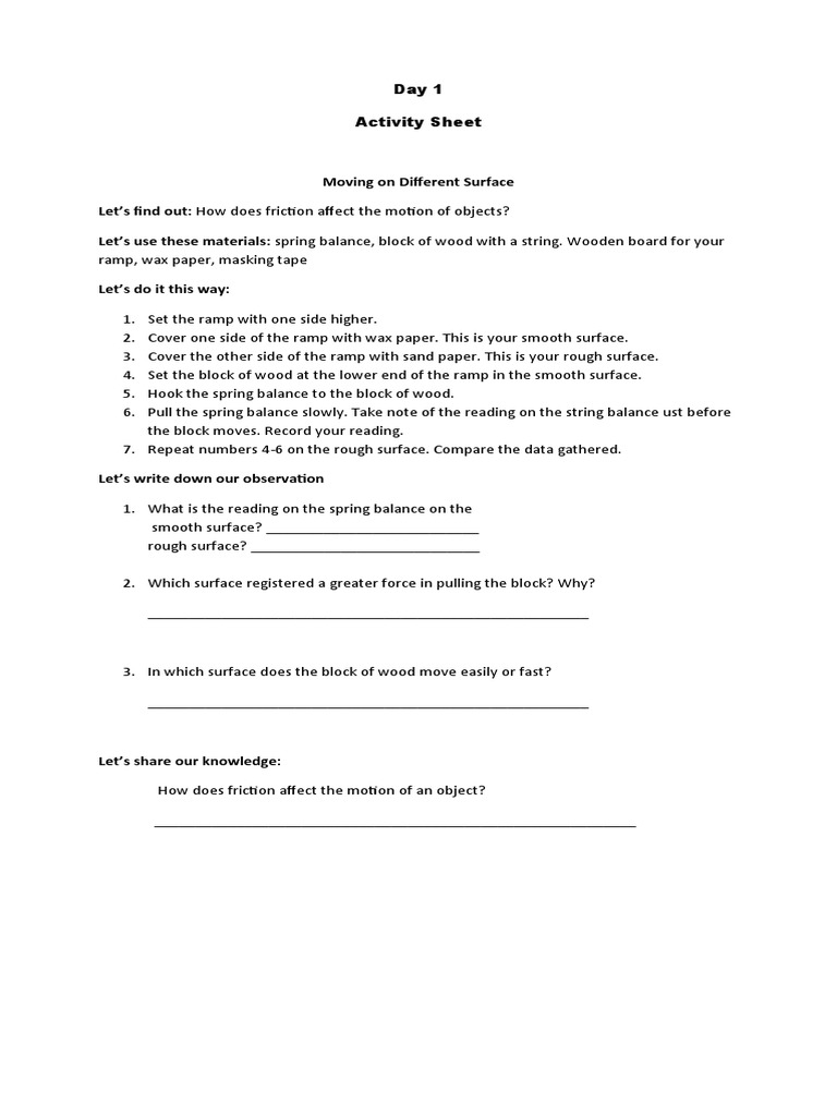 Activity Sheet, Friction and Kinds of Friction | PDF | Friction | Force