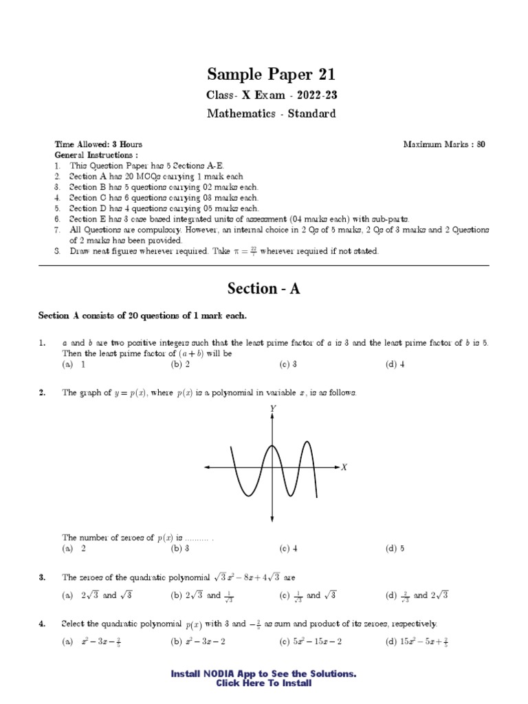 Maths Sample Paper | PDF | Circle | Quadratic Equation