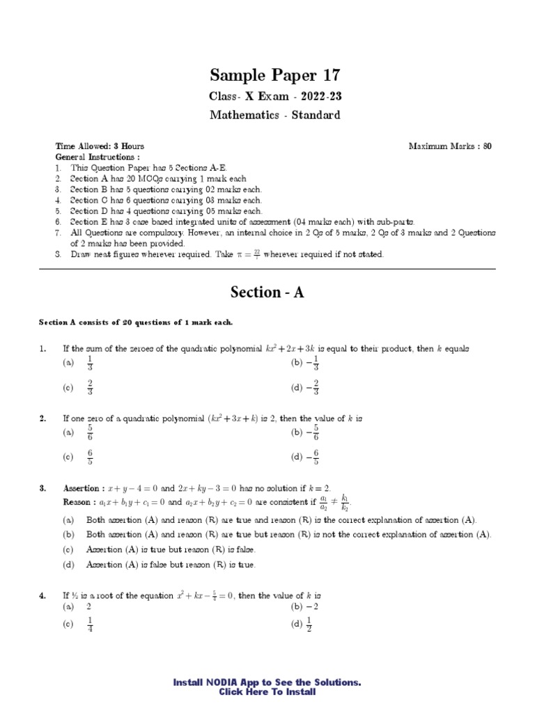 Maths Sample Paper | PDF | Sphere | Equations
