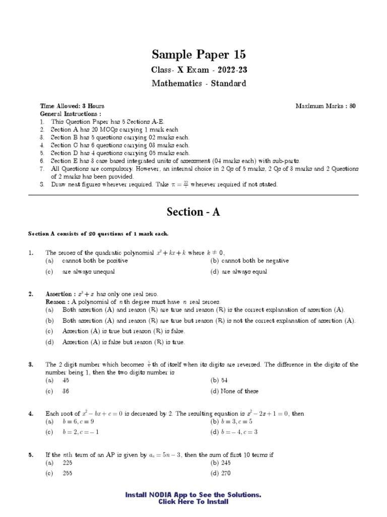 Maths Sample Paper | PDF | Sphere | Quadratic Equation