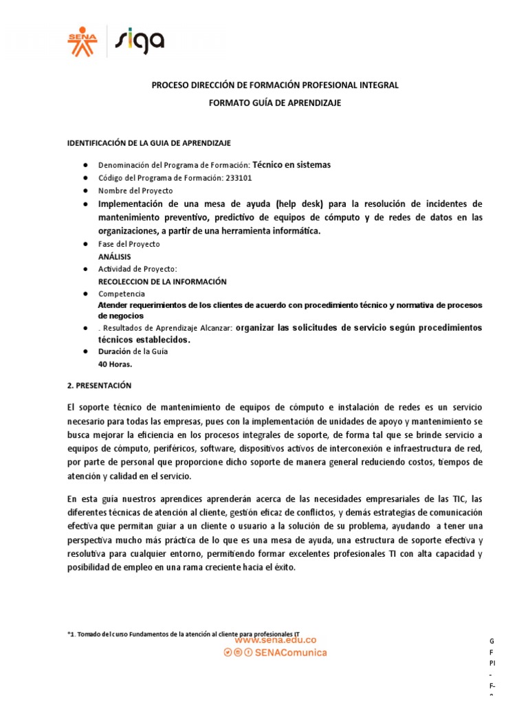 Guia #1. Atender Requerimientos Del Cliente | PDF | Mesa de ayuda | Soporte técnico