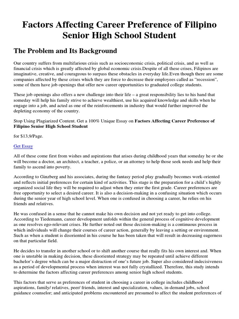 Factors Affecting Career Preference of Filipino Senior High School Student | PDF | Sampling ...