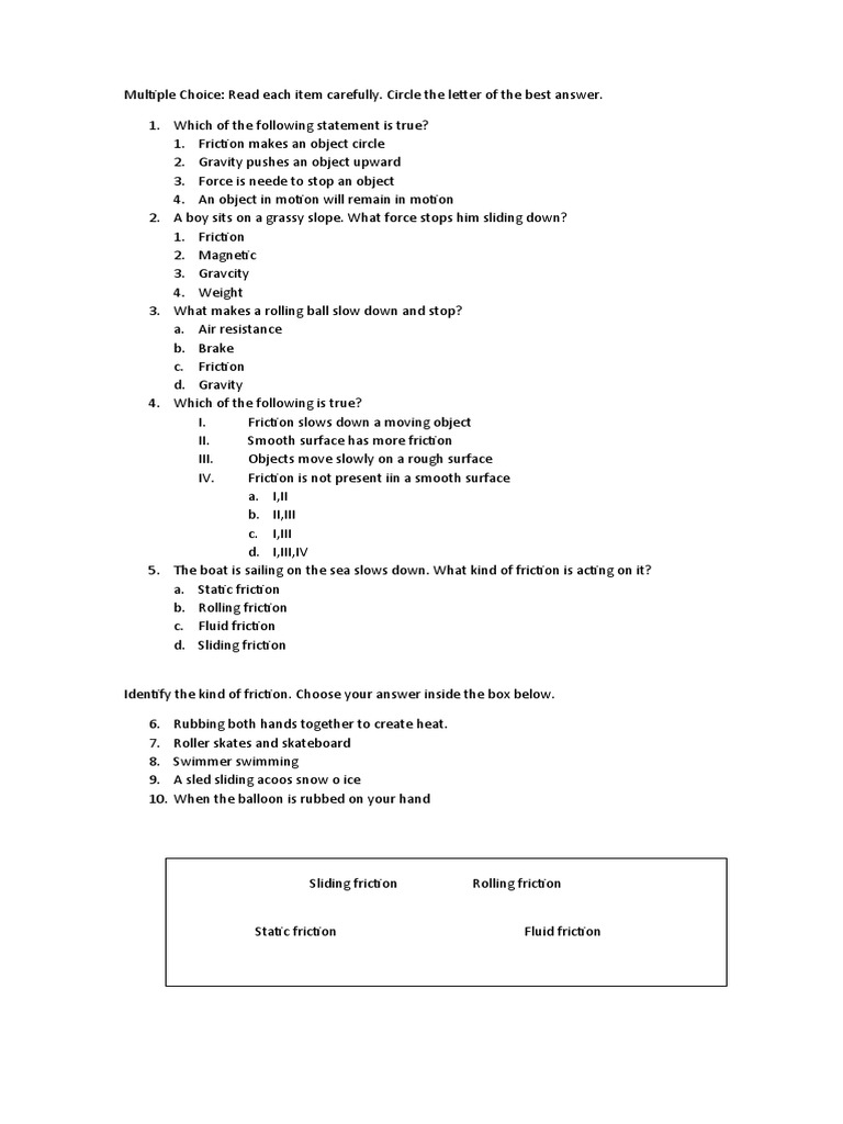 Multiple Choice Quiz on Friction Forces | PDF