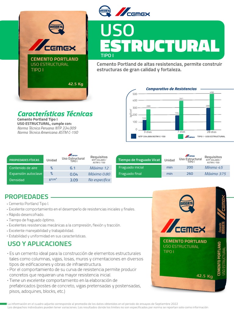 Ficha Técnica - Cemento Uso Estructural Tipo I | PDF | Cemento | Hormigón