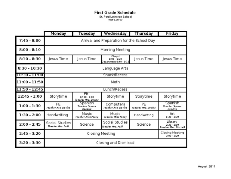First Grade Daily Schedule 2011-2012 | PDF
