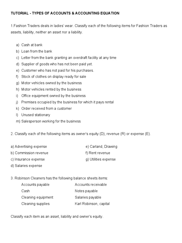 Tuto 1 - Types of Acc & Actg Equation | PDF | Equity (Finance) | Expense