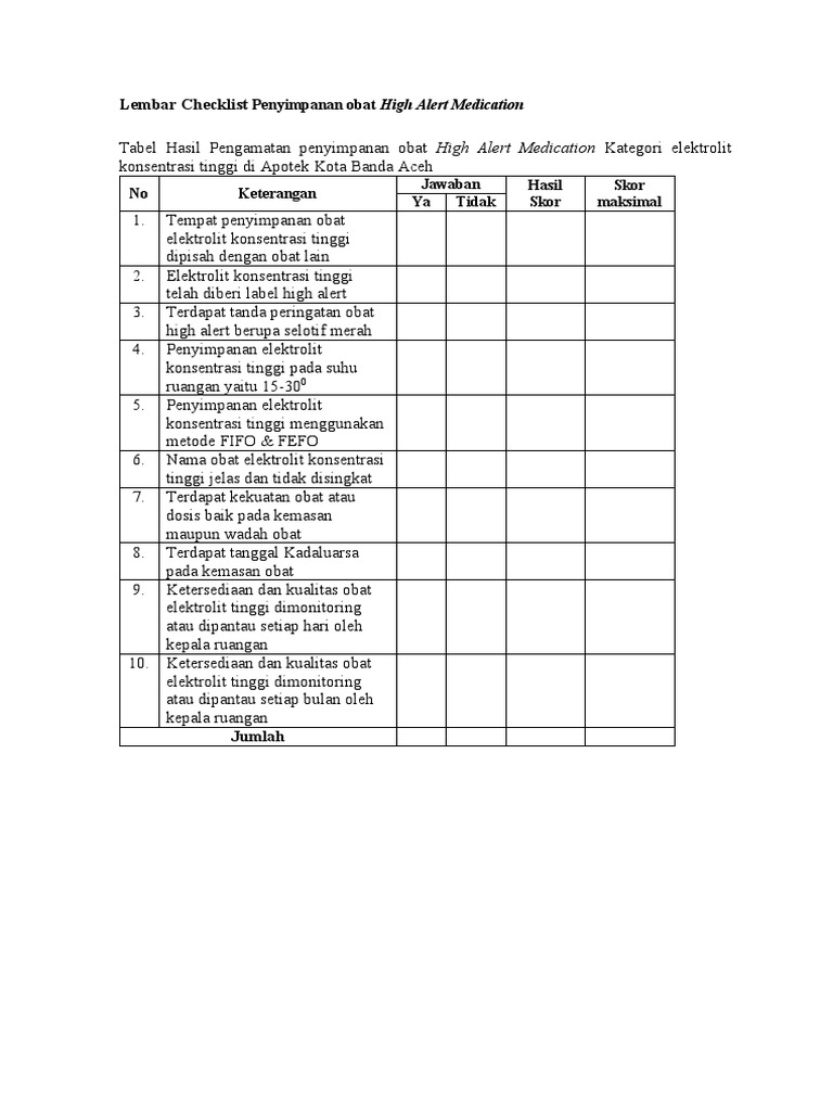 Lembar Checklist Penyimpanan Obat High Alert Medication | PDF