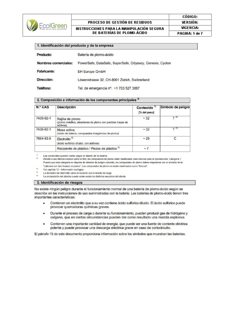 Guía para la manipulación segura de baterías de plomo-ácido | PDF