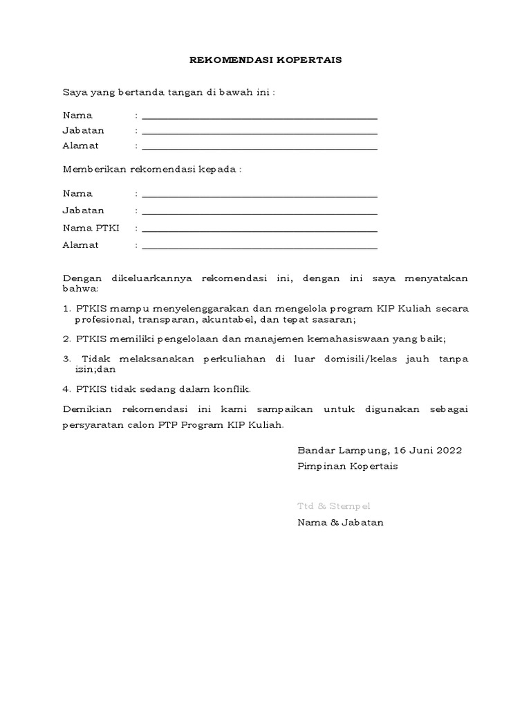 FORM REKOMENDASI KOPERTAIS | PDF