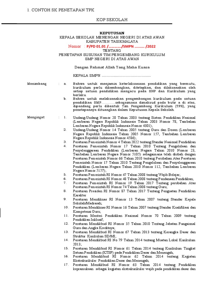 Contoh SK TPK, Pemberlakuan Kurikulum Dan KBM | PDF