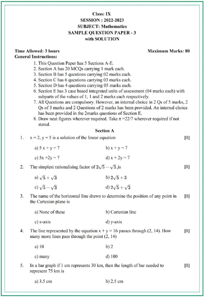 9th Maths Sample Paper | PDF