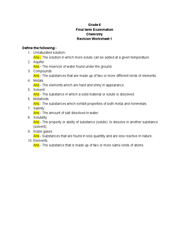 Grade 6 Chemistry Annual Term Revision Worksheets | PDF | Solubility ...