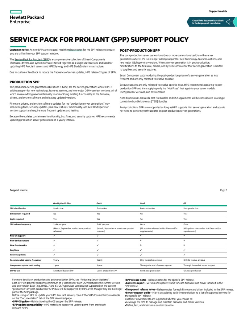 Service Pack For ProLiant (SPP) Support Policy Support Matrix | PDF ...