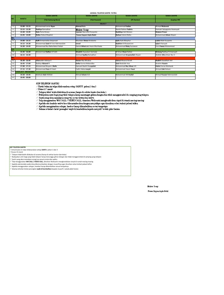 Jadwal & SOP Telepon Santri Bulan Ini | PDF