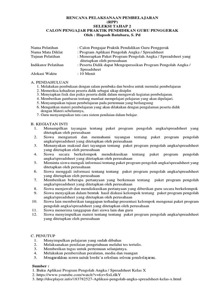 RPP Pelatihan Spreadsheet Guru Penggerak | PDF | Karier & Perkembangan