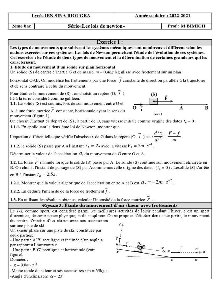 Série 10 Les Lois de Newton 2022 | PDF | Accélération | Lois du ...