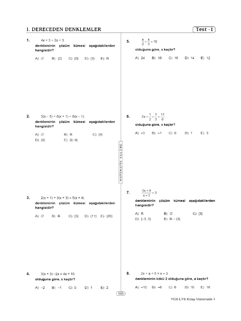 1.derece 1 Bilinmeyenli (155-Soru) | PDF