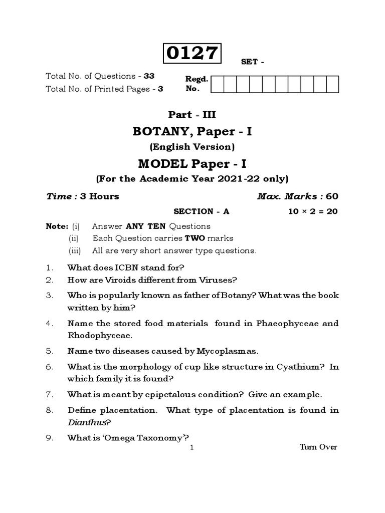 BOTANY, Paper - I MODEL Paper - I: Part - III | PDF | Flowers | Botany