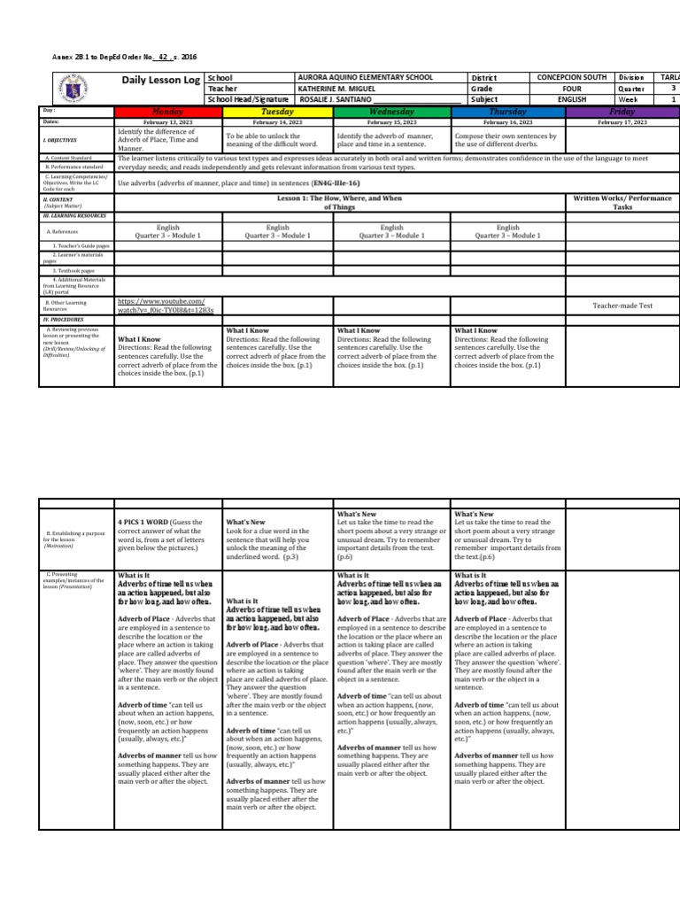 English WEEK 1 Lesson Plan | PDF | Adverb | Verb