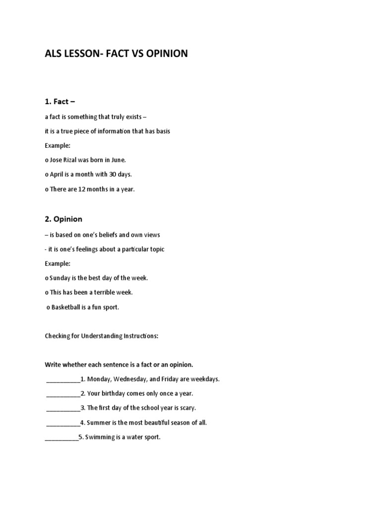 ALS LESSON Fact Opinion | PDF | Science & Mathematics