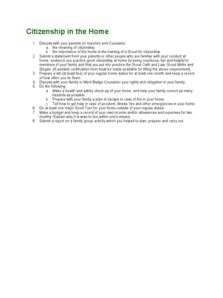Citizenship in the Home Merit Badge Guide | PDF