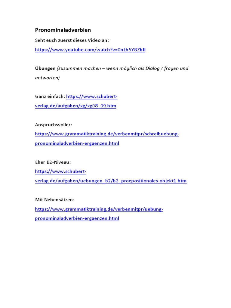 Pronominaladverbien - Übungen | PDF