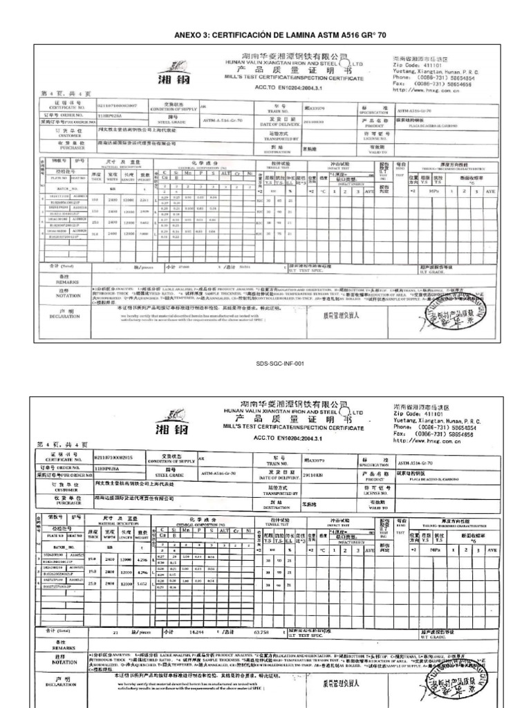 Certificación de Lamina ASTM A516 Gr° 70 | PDF
