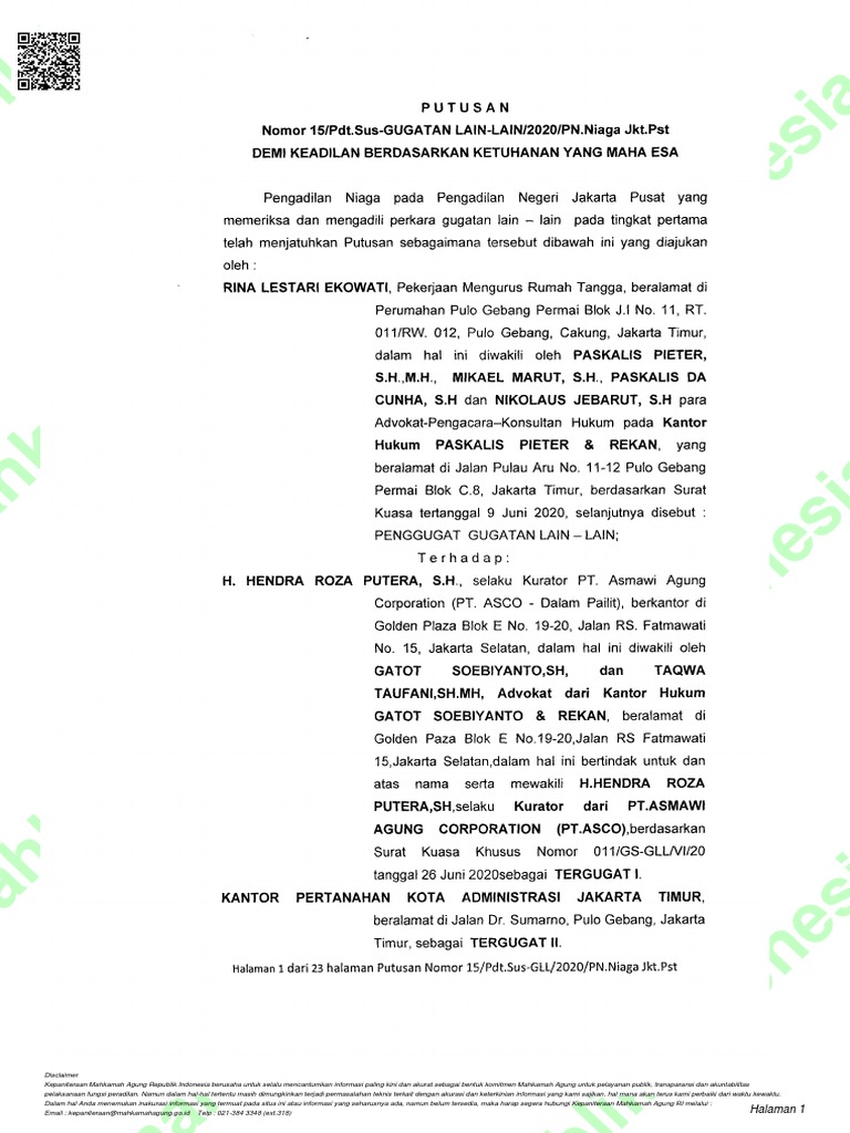 Putusan 15 PDT - Sus-Gugatan Lain-Lain 2020 PN Niaga - JKT.PST 20230218084606 | PDF