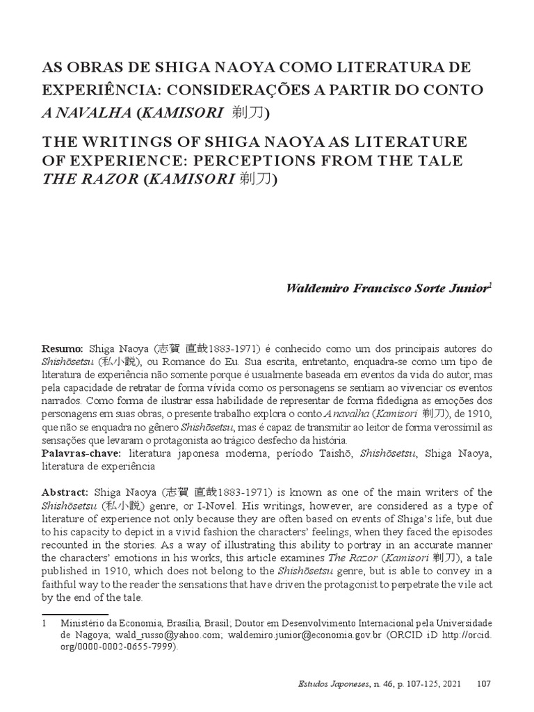 AS OBRAS DE SHIGA NAOYA COMO LITERATURA DE EXPERIÊNCIA: CONSIDERAÇÕES A ...