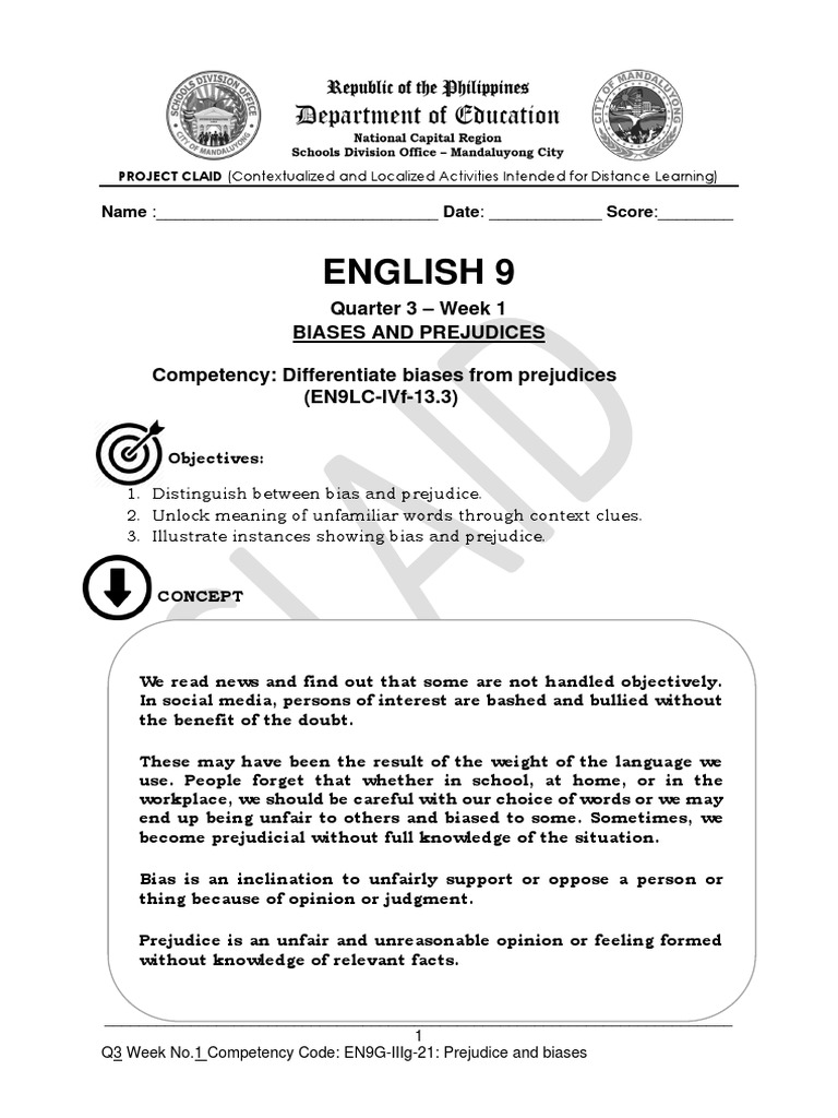 As9 English Q3 W1 | PDF | Bias | Prejudices