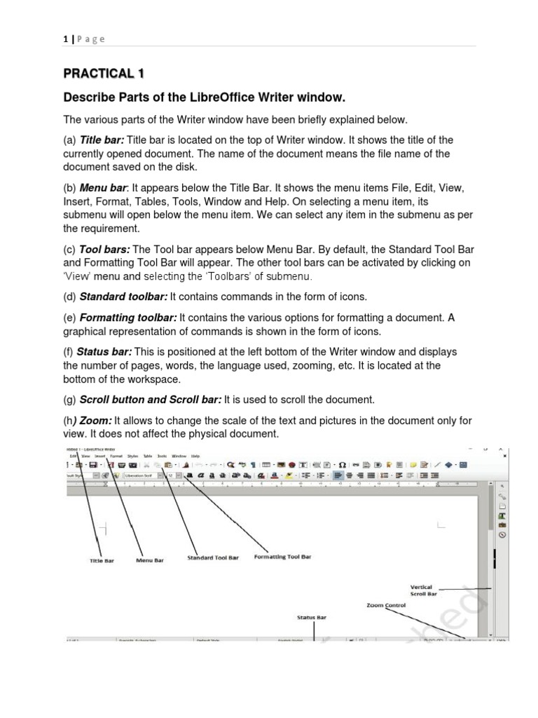 Practical 1 Describe Parts of The Libreoffice Writer Window | PDF | Window (Computing) | Cursor ...