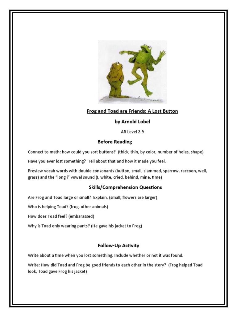Frog and Toad Are Friends: A Lost Button by Arnold Lobel Before Reading ...