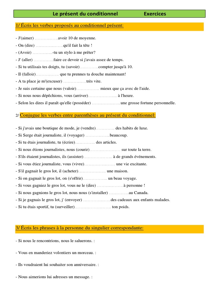 Exercices de Conjugaison Le Présent Du Conditionnel | PDF | Verbe