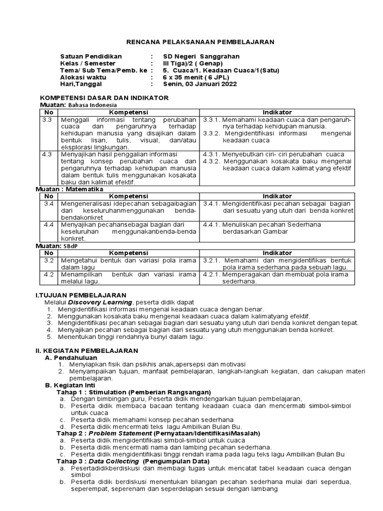 Pembelajaran Cuaca dan Pecahan Kelas 3 | PDF