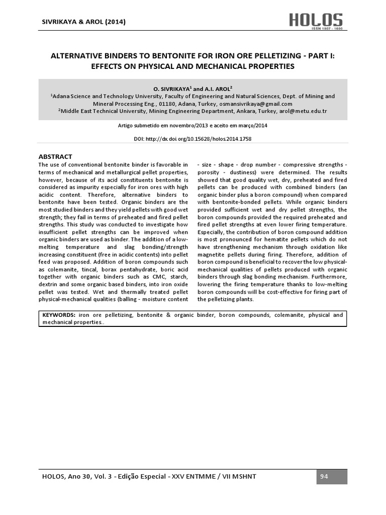 Alternative Binders To Bentonite For Iron Ore Pelletizing - Part I Effects On Physical and ...