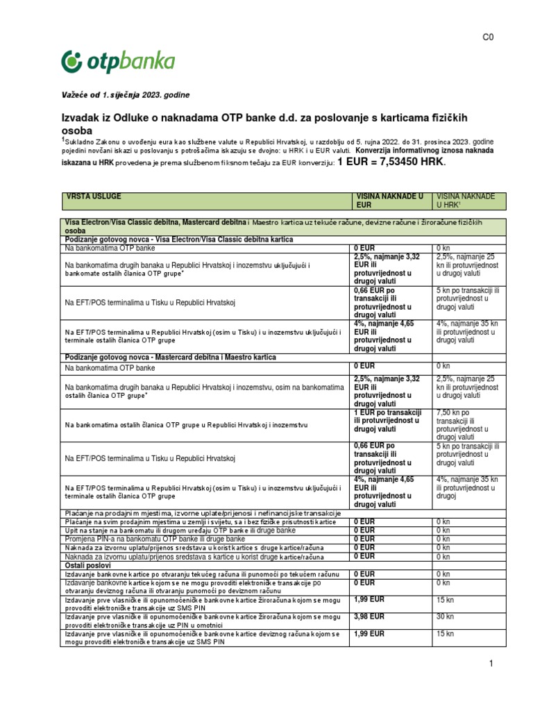 Naknade OTP Banke - Karticno Poslovanje 20230101 Priv | PDF