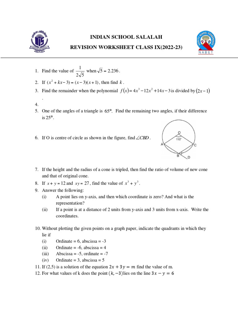 Class 9 Revision Worksheet | PDF | Cartesian Coordinate System | Area