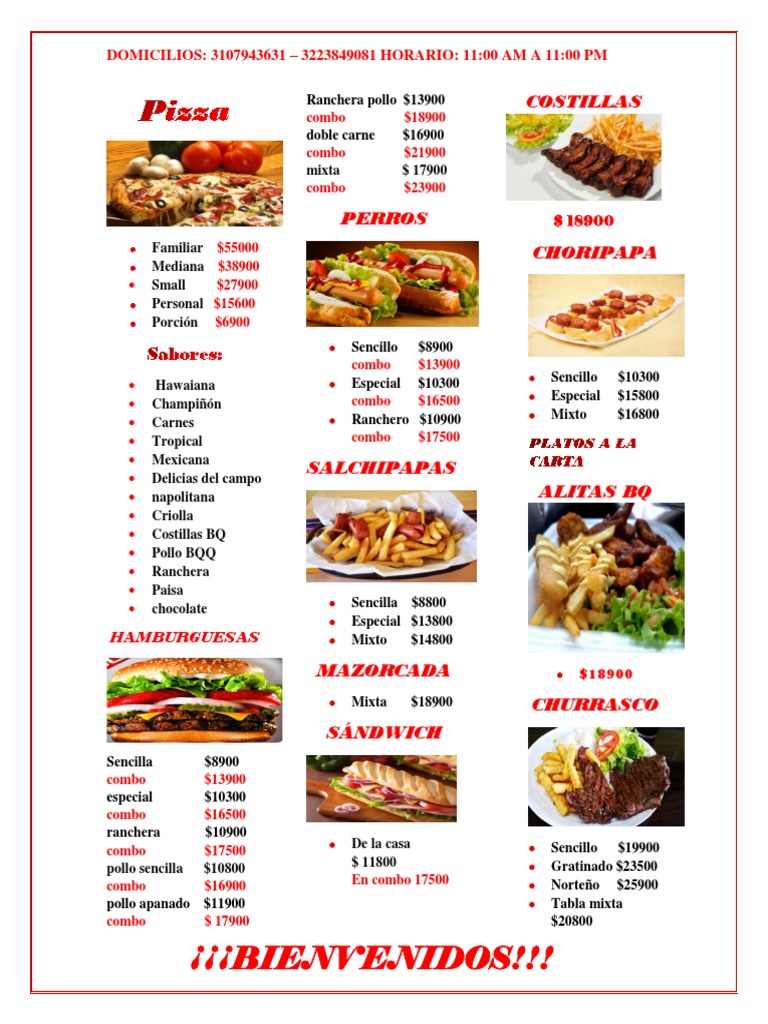 Menú Completo de Comidas y Bebidas | PDF | Preparación de comida y ...