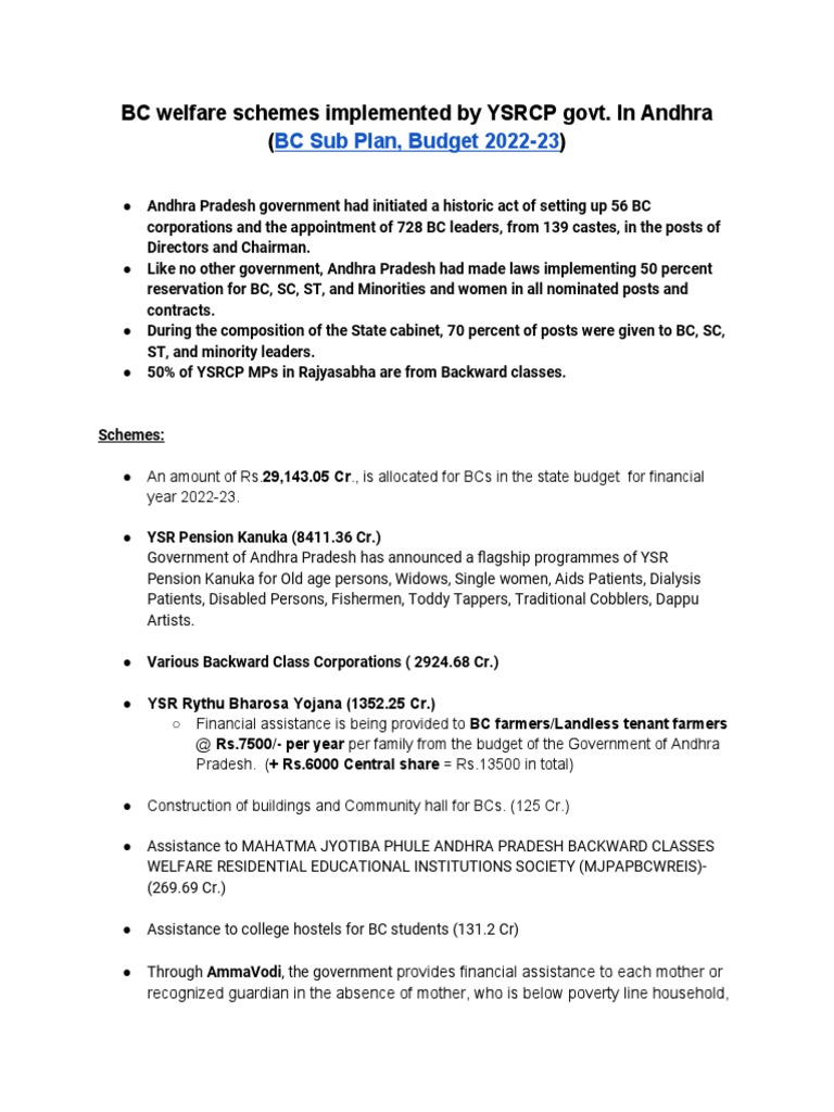 BC Welfare Schemes Implemented by YSRCP Govt | PDF | Welfare | Poverty