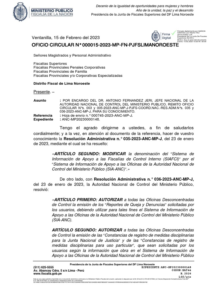 Oficio Circular #000015-2023-Mp-Fn-Pjfslimanoroeste: Ventanilla, 15 de Febrero Del 2023 | PDF ...