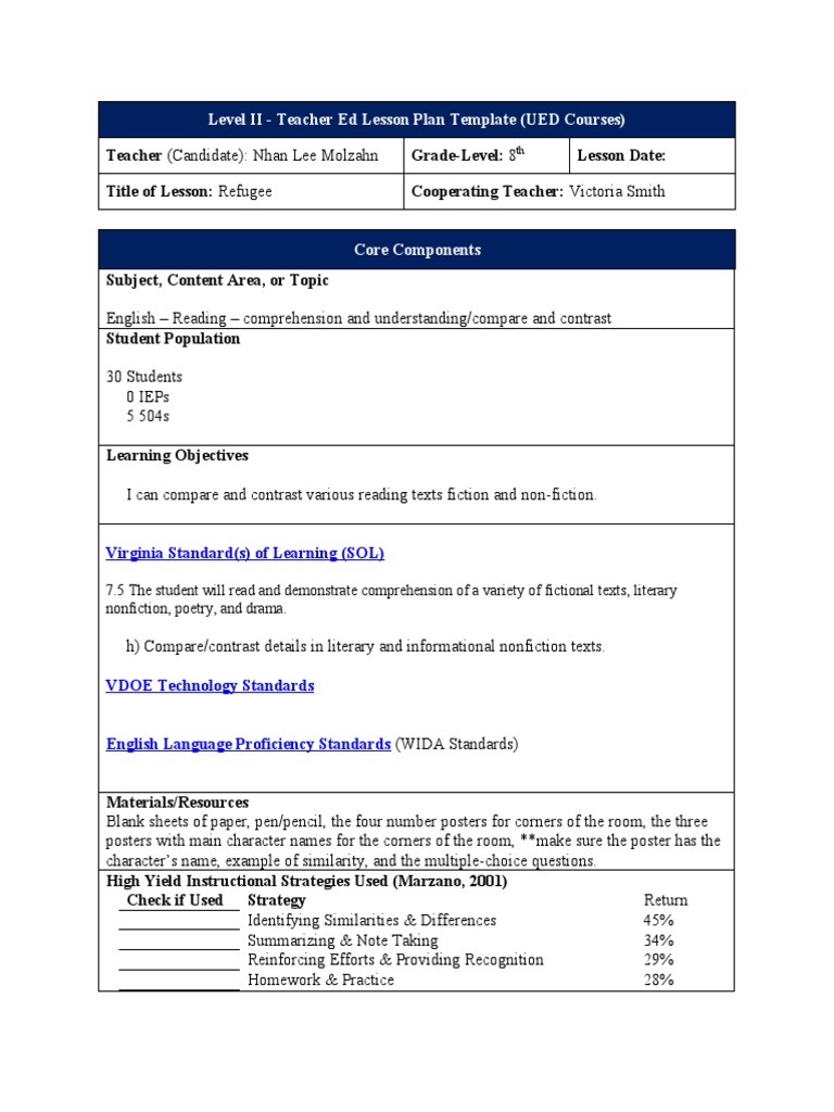 8th Grade Refugee Lesson Plan Template | PDF | Lesson Plan | Reading ...